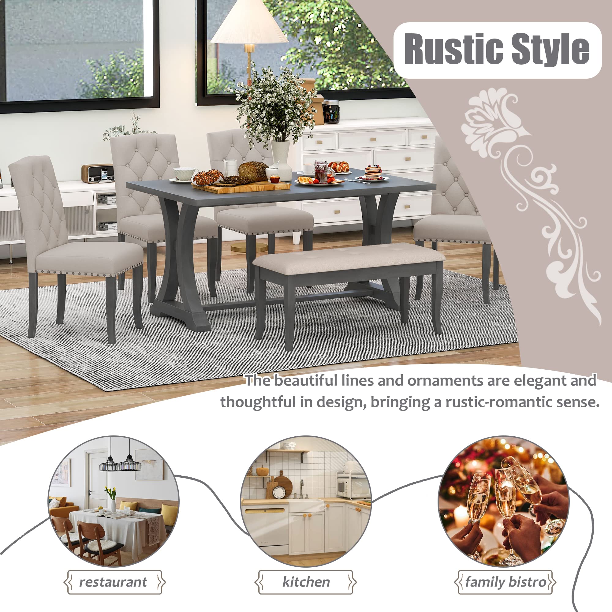 Harper & Bright Designs Classic and Traditional Style 6 - Piece Dining Set, Includes Dining Table, 4 Upholstered Chairs & Bench (White+Gray) (White+Gray) (White1)