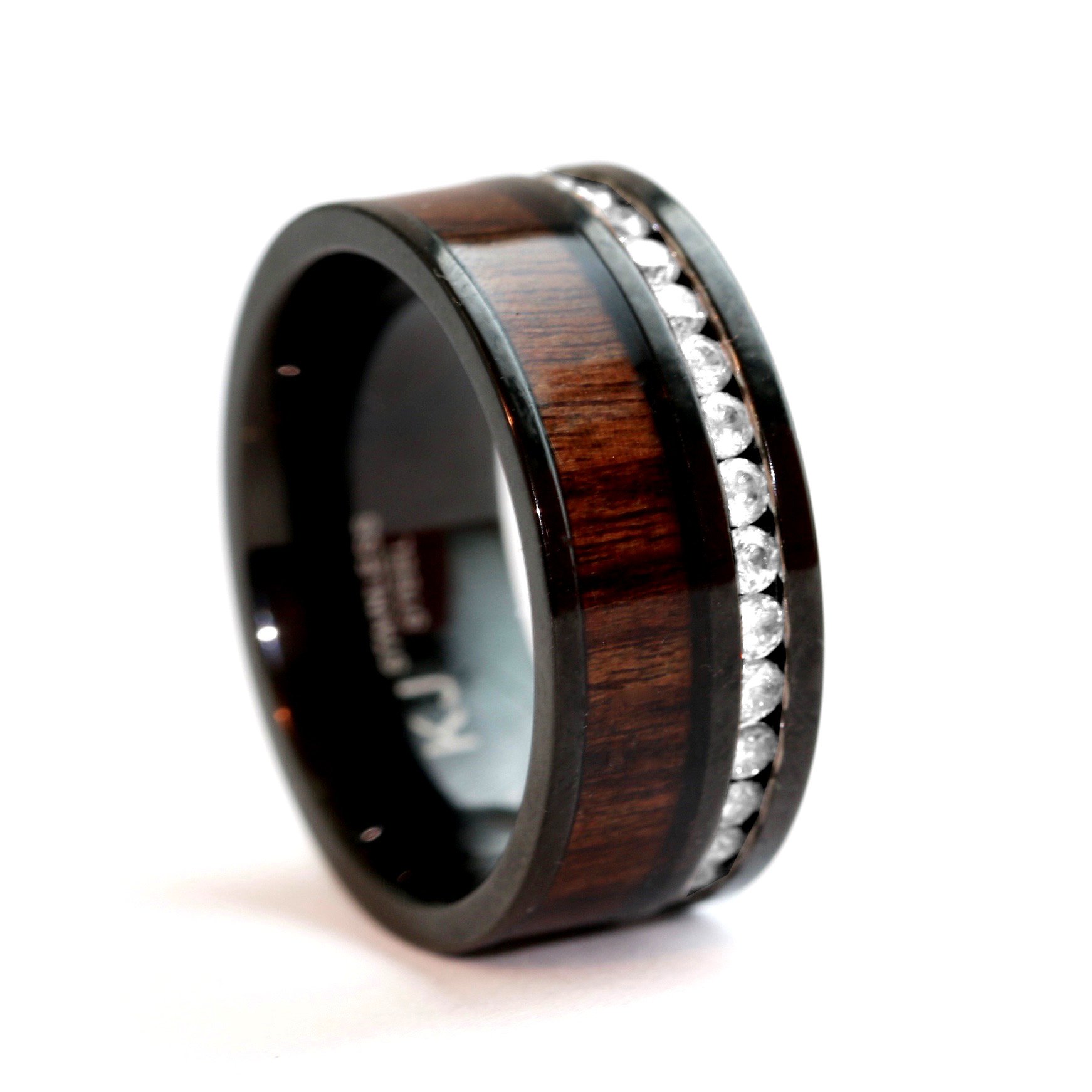 His & Hers Natural Koa Wood CZ 3 pcs Surgical Black Stainless Steel Engagement Wedding Rings set (Size His 10, Hers 08)