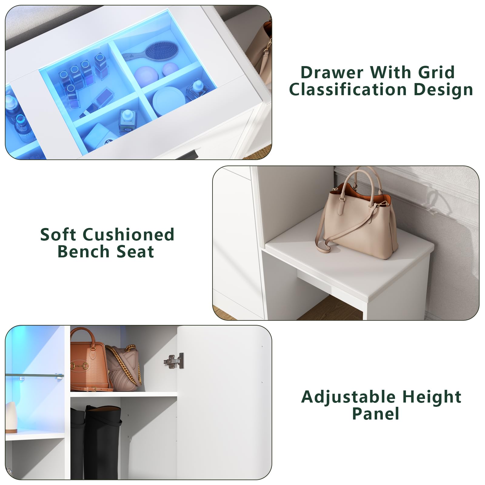 Wardrobe Armoire Closet with Charging & LED Light,Walk-in Closet Island Dresser with Glass Showcase,3 Drawers & Doors, Modern Storage Display Cabinet with Bench for Bedroom,Fitting Room & Shops(White)