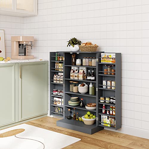 HOME BI Kitchen Pantry, Kitchen Storage Cabinet Cupboard with Doors and Adjustable Shelves for Dining Room Living Room, Grey