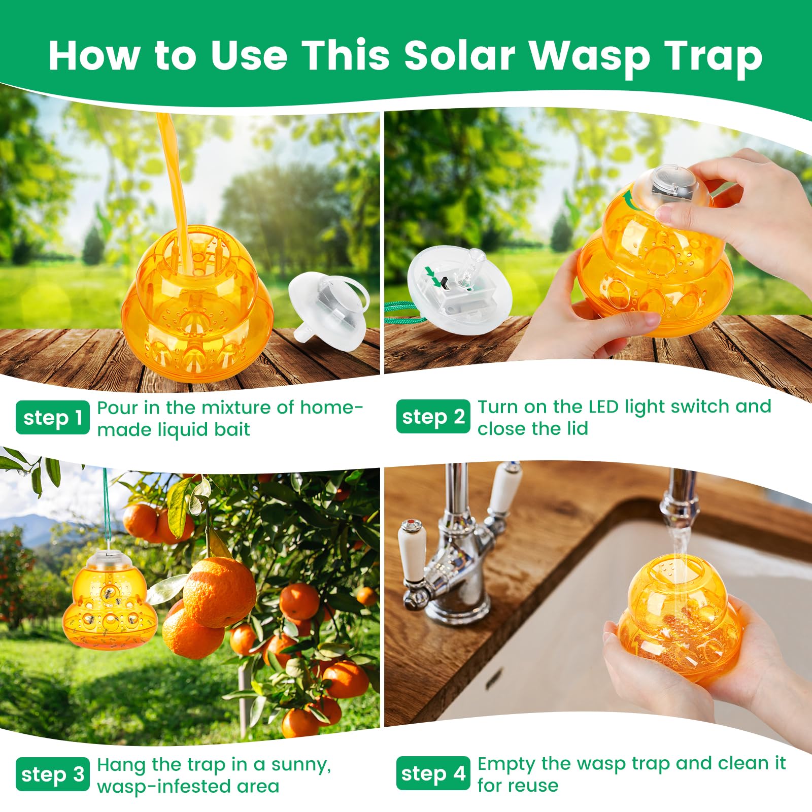 Solar Wasp Trap Outdoor Hanging - New Upgrade LED Blue Light Bee Catcher, Wasp Insect Killer, Solar Panel Non-Toxic Reusable Hornet Yellow Jacket Trap for Garden, Yard (Orange, 2 Pack)