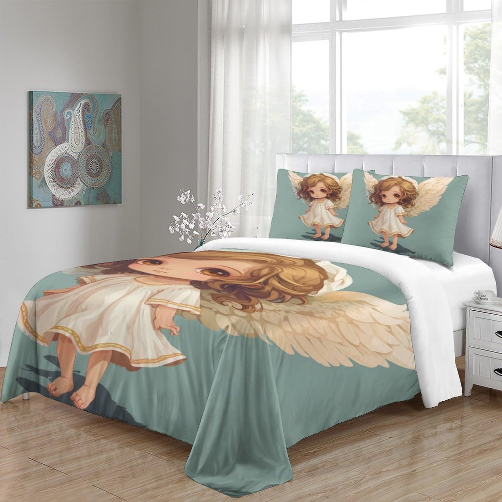 SorEci Angel with Wings Comforter Covers 3D Printed Cute Style Duvet Cover Quilt Cover Bedding Set Microfiber for Childrens and Adults with Pillowcases 3 Pieces with Zipper Closure Queen(228x228cm)