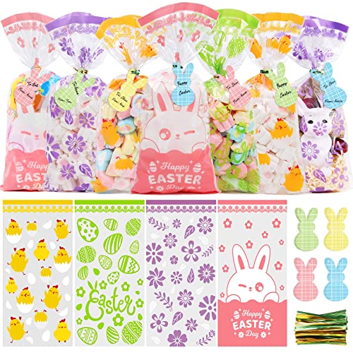 WeDoSoy Easter Cellophane Bags 120pcs Easter Treat Bags with 120pcs Gold Twist Ties & 40pcs Gift Tags, Plastic Cello Candy Sweet Bags Gift Bags for Cookie Easter Supplies Party Table Decor