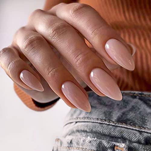 YOSOMK Nude Press on Nails Almond Shaped Fake Nails Medium Glossy Stick on Nails Natural Full Cover False Nails Acrylic Glue on Nails for Women