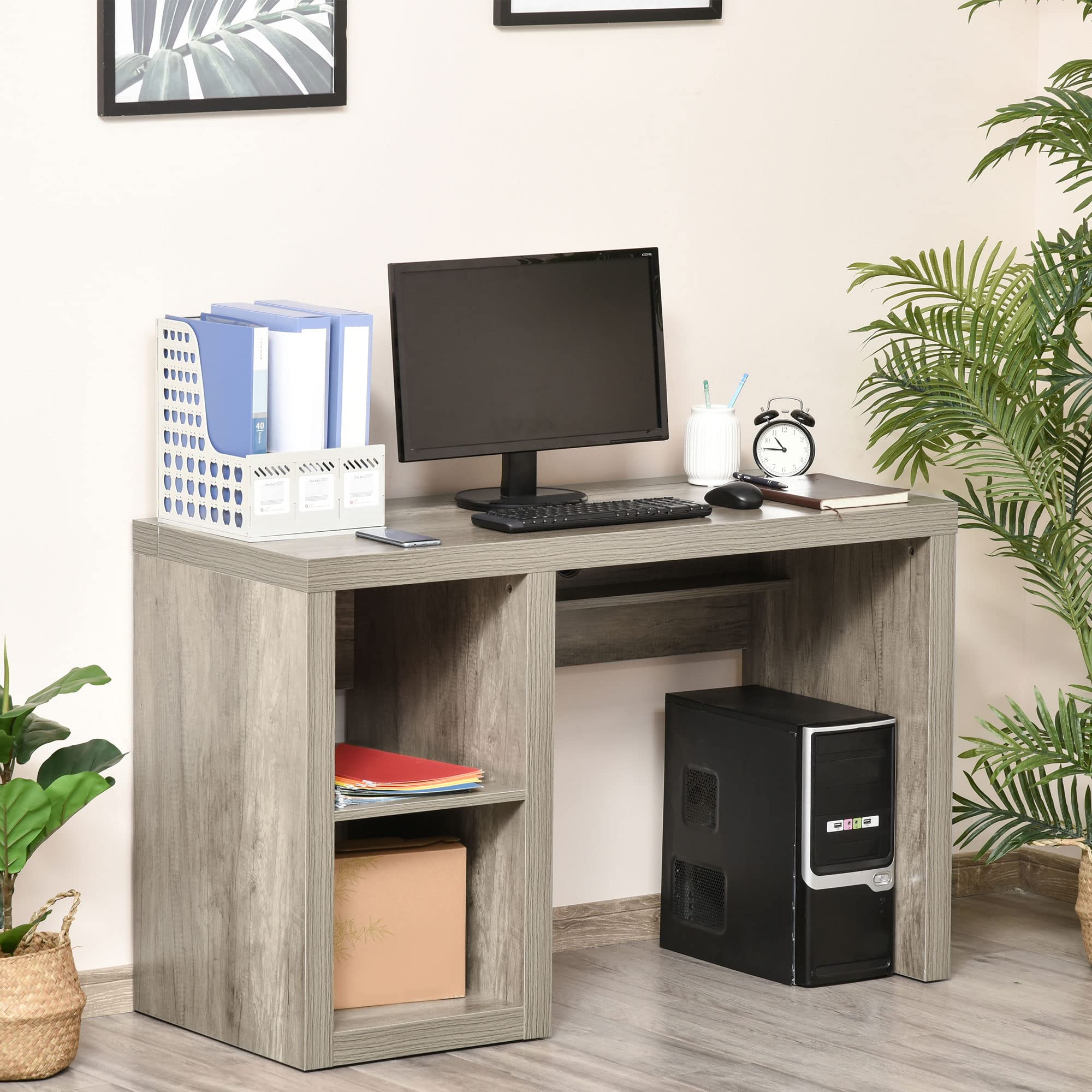 HOMCOM Rectangle Computer Desk with Thick Board and Display Shelves for Home Office Table Workstation, Natural Wood