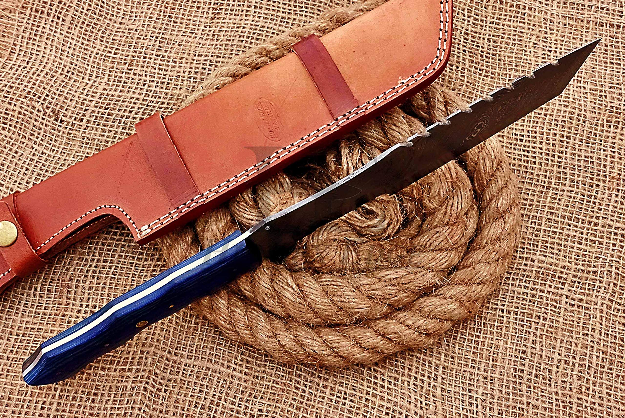 HUNTEX Unique Custom Handmade Hand-Forged Twist Pattern Damascus Steel 14 Inch Long Full Tang Pakka Wood Handle Razor Sharp Hunting Camping Tracker Knife with Genuine Leather Sheath