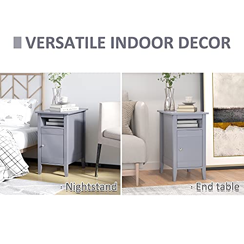 HOMCOM Modern End Table, Slim Side Table, Nightstand with Adjustable Open Shelf and Door Cabinet for Living Room, Bedroom, Grey