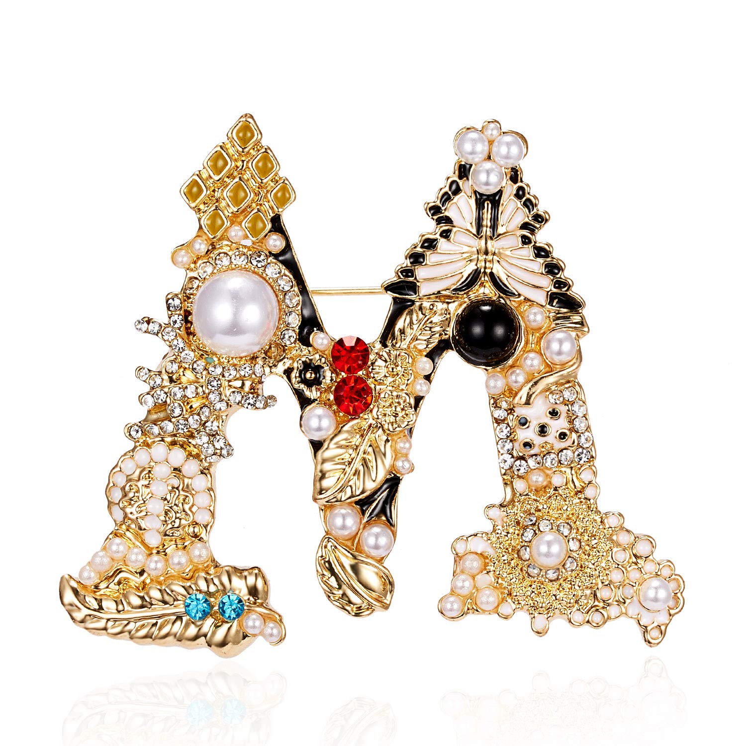 Initial Brooch Pins A-Z 26 Letters Brooches For Women Girls Colorful Enamel Alphabet Pin Pearl Crystal Lapel Pin (Initial Brooches M)