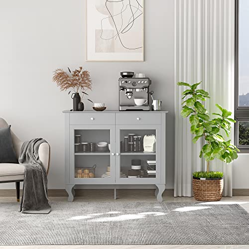 HOMCOM Retro Style Kitchen Sideboard, Buffet Cabinet, Cupboard with Glass Doors and Drawers, Adjustable Shelves for Living Room