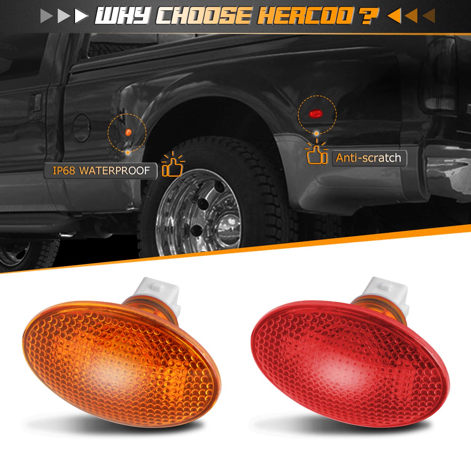 HERCOO LED Dually Bed Fender Side Marker Lights Front Rear Lamps Compatible with Ford 1999-2010 F350 F450 F550 Super Duty