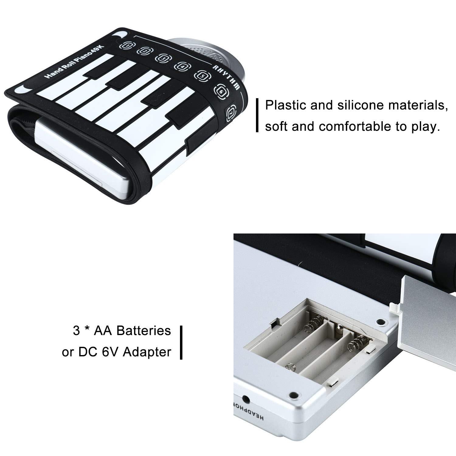 Homend Roll Up Piano for Kids Beginners, Travel Foldable 49 Keys Flexible Electronic Hand Roll Piano Built-in Speaker Environmental Silicone Piano Keyboard