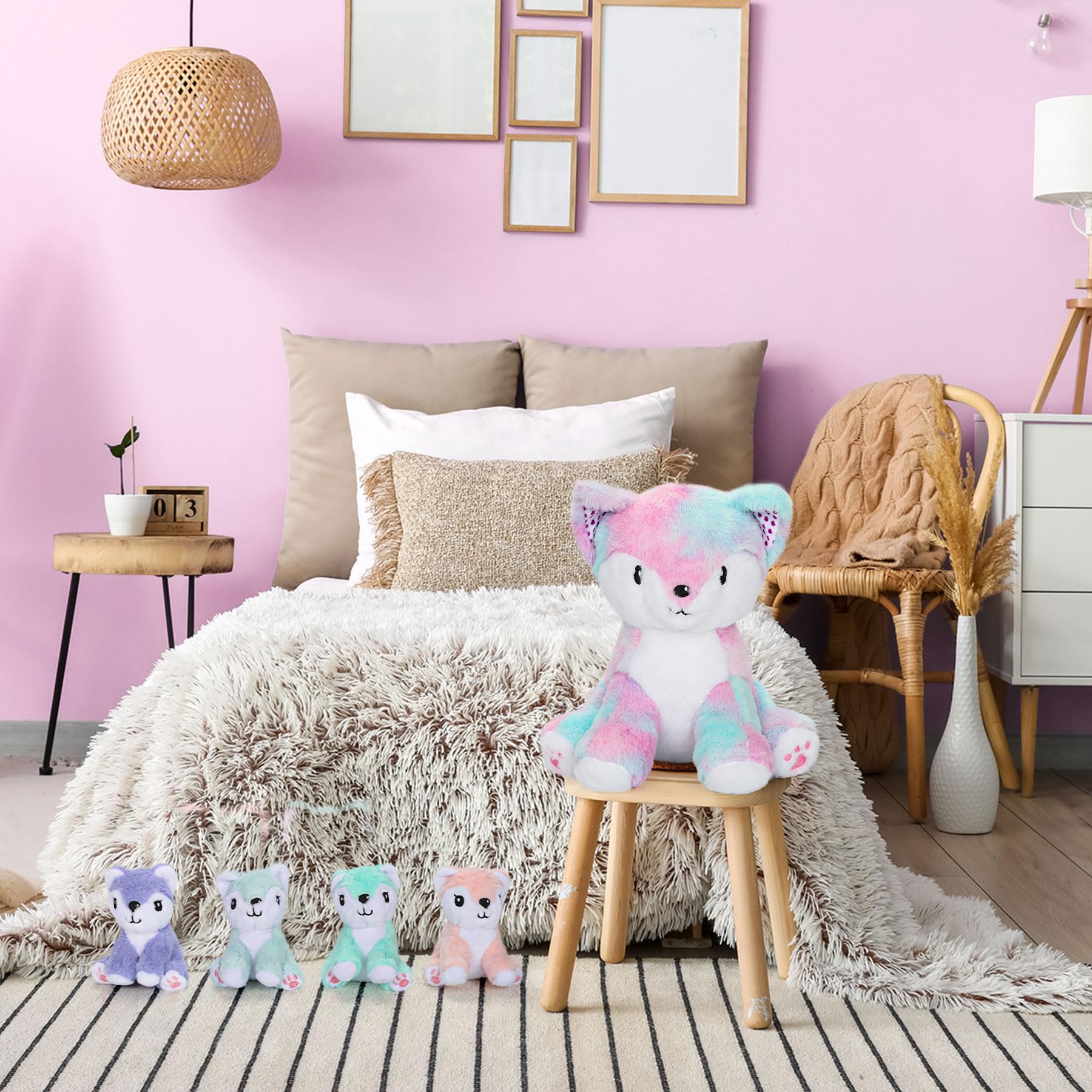Pegmapri Rainbow Fox Stuffed Animals, Mommy Fox Plush with 4pcs Cute Baby Fox Plushie Set for Boys Girls