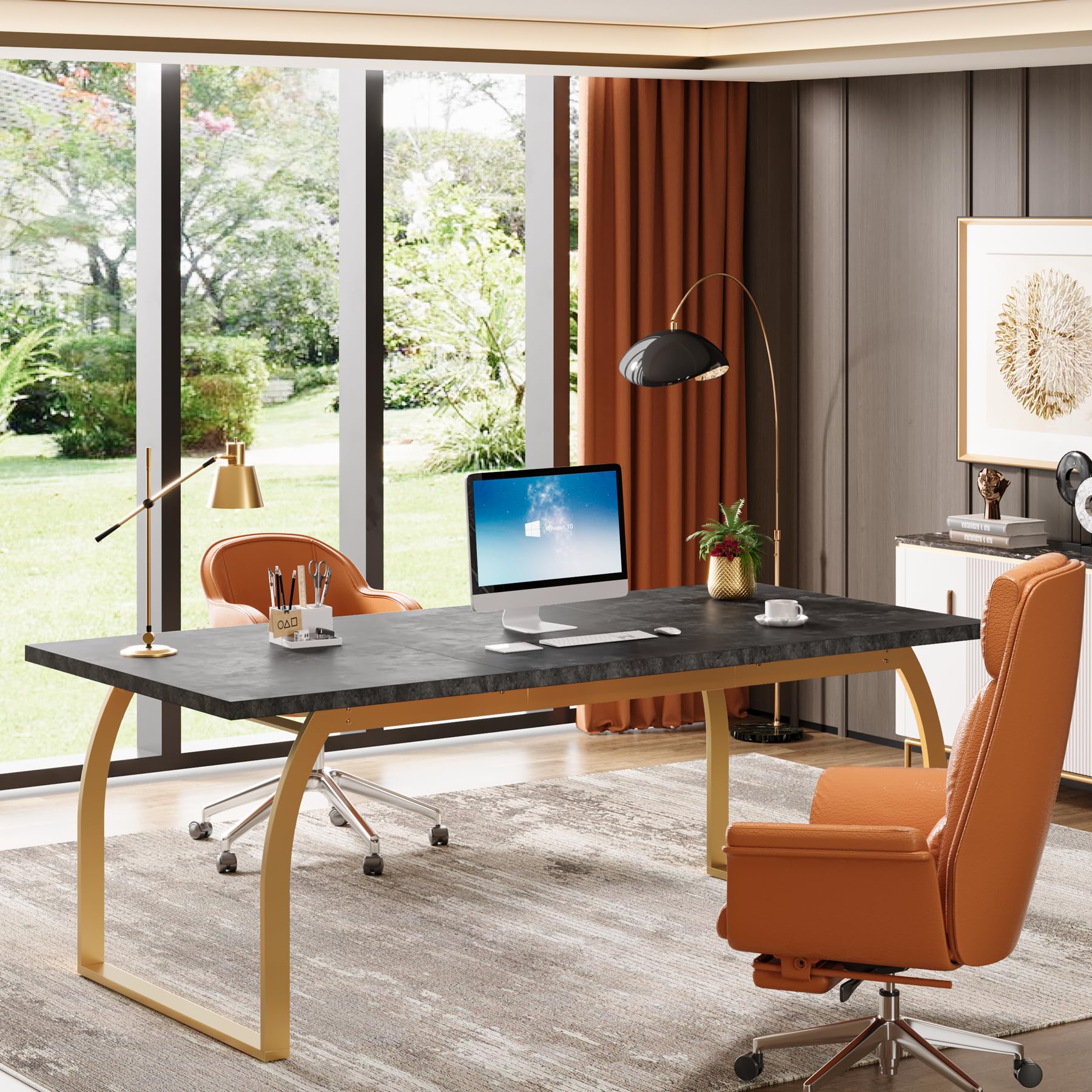Tribesigns Modern Black Office Desk: 70.87 Inches Computer Executive Desk with Gold Metal Legs, Faux Marble Large Study Writing Table, Simple Desk for Home Office