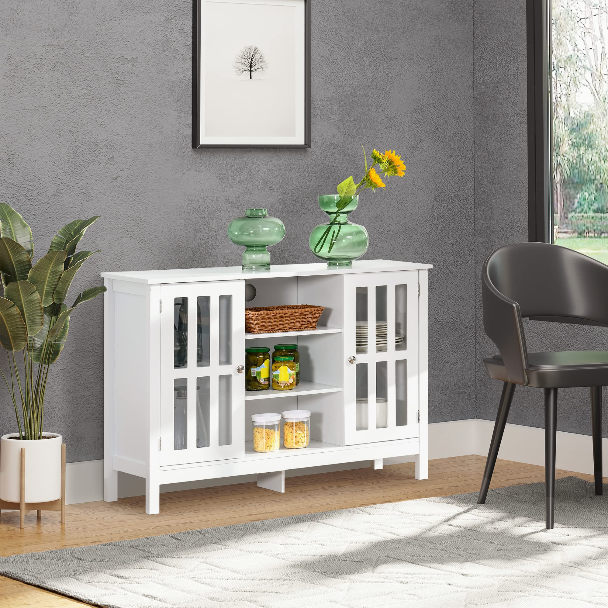 HOMCOM Sideboard, Buffet Cabinet, Coffee Bar Cabinet, Kitchen Cabinet with Storage Shelves, Slatted Framed Doors and Cable Management for Living Room, White