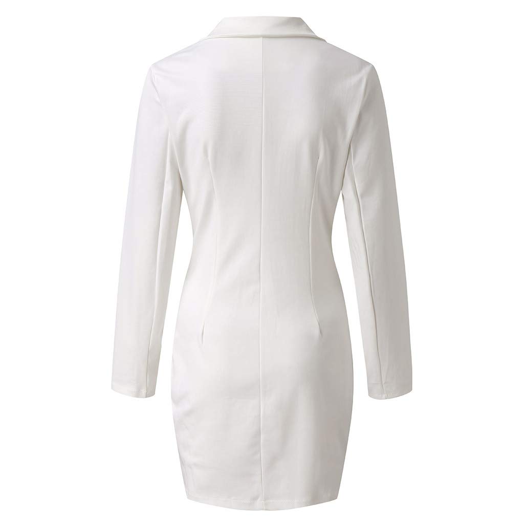 Keepfit Suit Dress for Business Women, Solid Stand Collar Long Sleeve Dress Double Breasted Slim Fit Dress for Work White