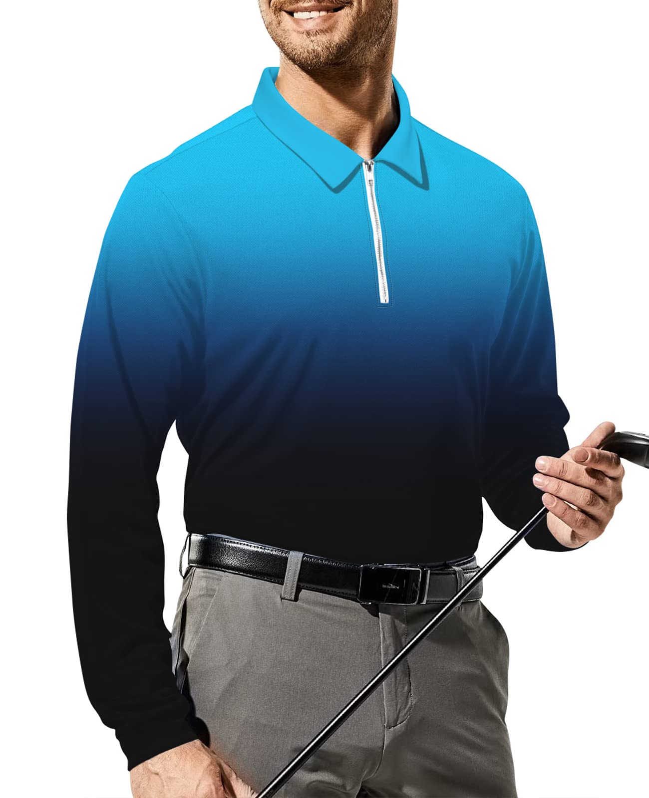 Hodaweisolp Mens Long Sleeve Zipper Casual Art Collection Gradient Abstract Striped Element Pattern Lapel Print Golf Polo Shirts-XXL
