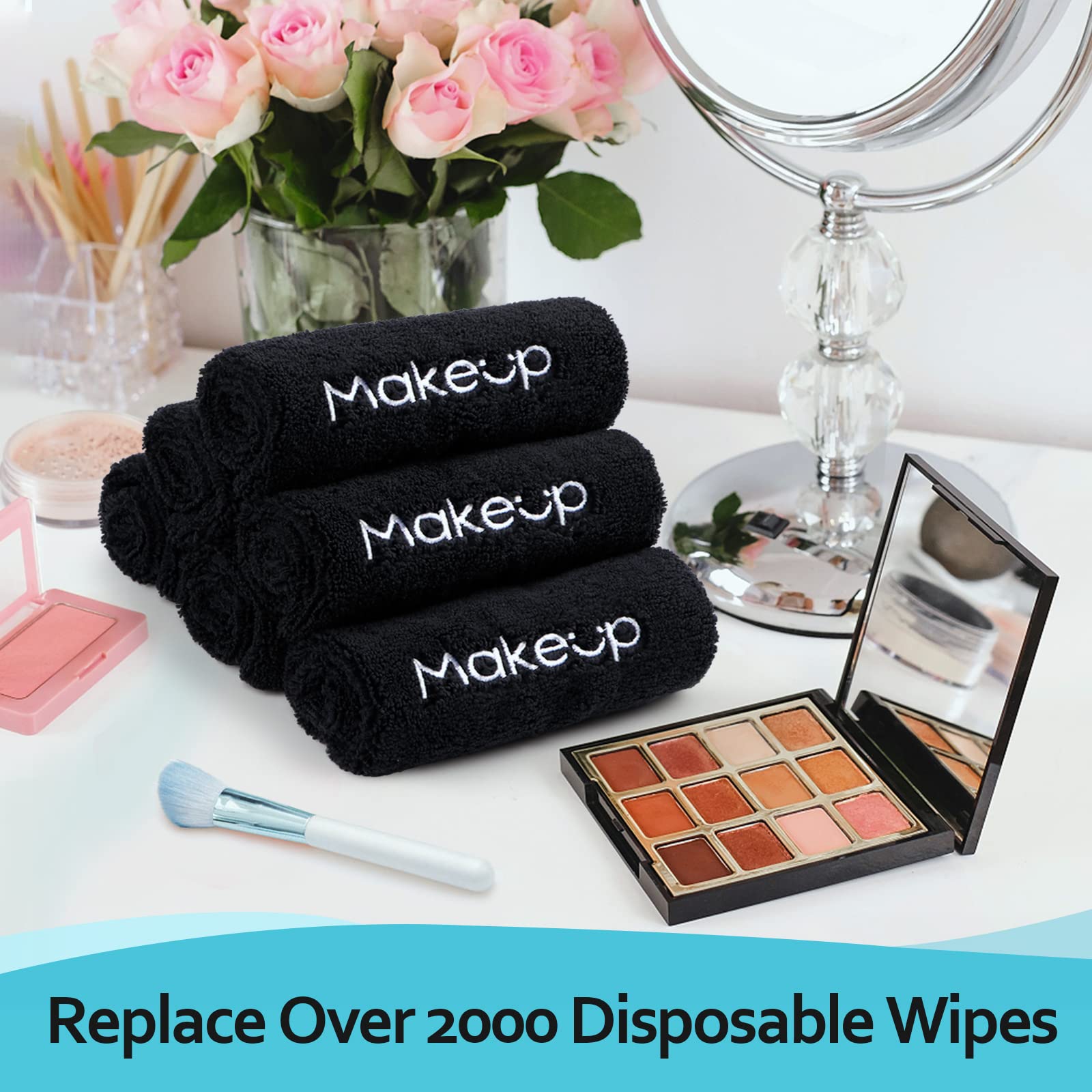 HOMEXCEL Makeup Remover Cloth 6 Pack,Premium Washable Soft 13x13 Inch Facial Cleansing Makeup Towels,Quick Dry Microfiber Face Towels Washcloths For All Skin Types,Black
