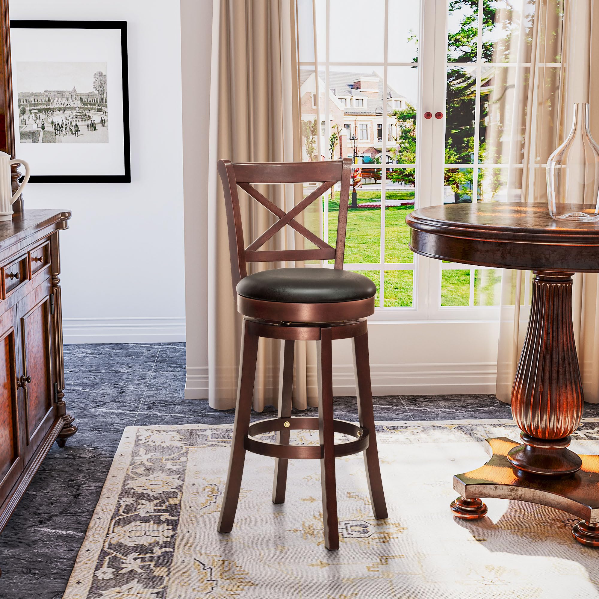 HOMCOM Swivel Bar Stool with Back, 31 Inch PU Leather Bar Height Stool, Farmhouse Barstool with Rubberwood Frame, Black