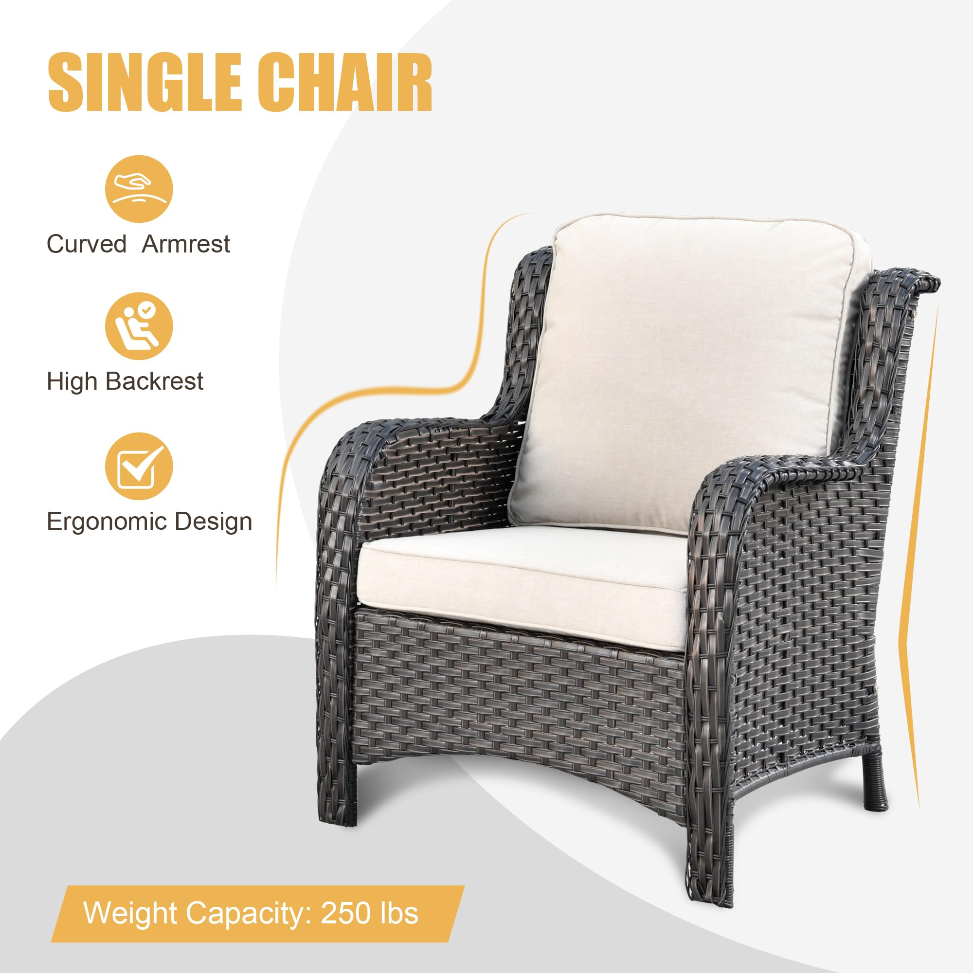 HOOOWOOO Patio Outdoor Furniture Set with Large Fire Pit Table,5 Piece Modern Wicker Couch Sofa,Weather Resistant Conversation Seating Set High Back for 7 Persons(Light Gray)