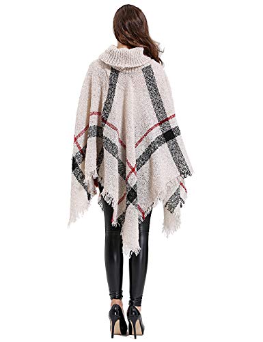 HITOP Womens Dress Ponchos, Boho Loose Tassel Plaid Poncho Turtleneck Jumper Knit Oversized Pullover Sweater Tops for Women Beige