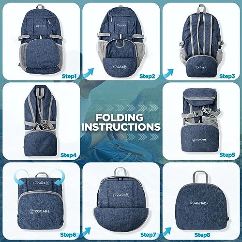 ZOMAKE Lightweight Packable Backpack 25L - Small Foldable Hiking Daypack for Travel - Tear Resistant Day pack for Women Men Camping Outdoor Sports(Navy Blue)