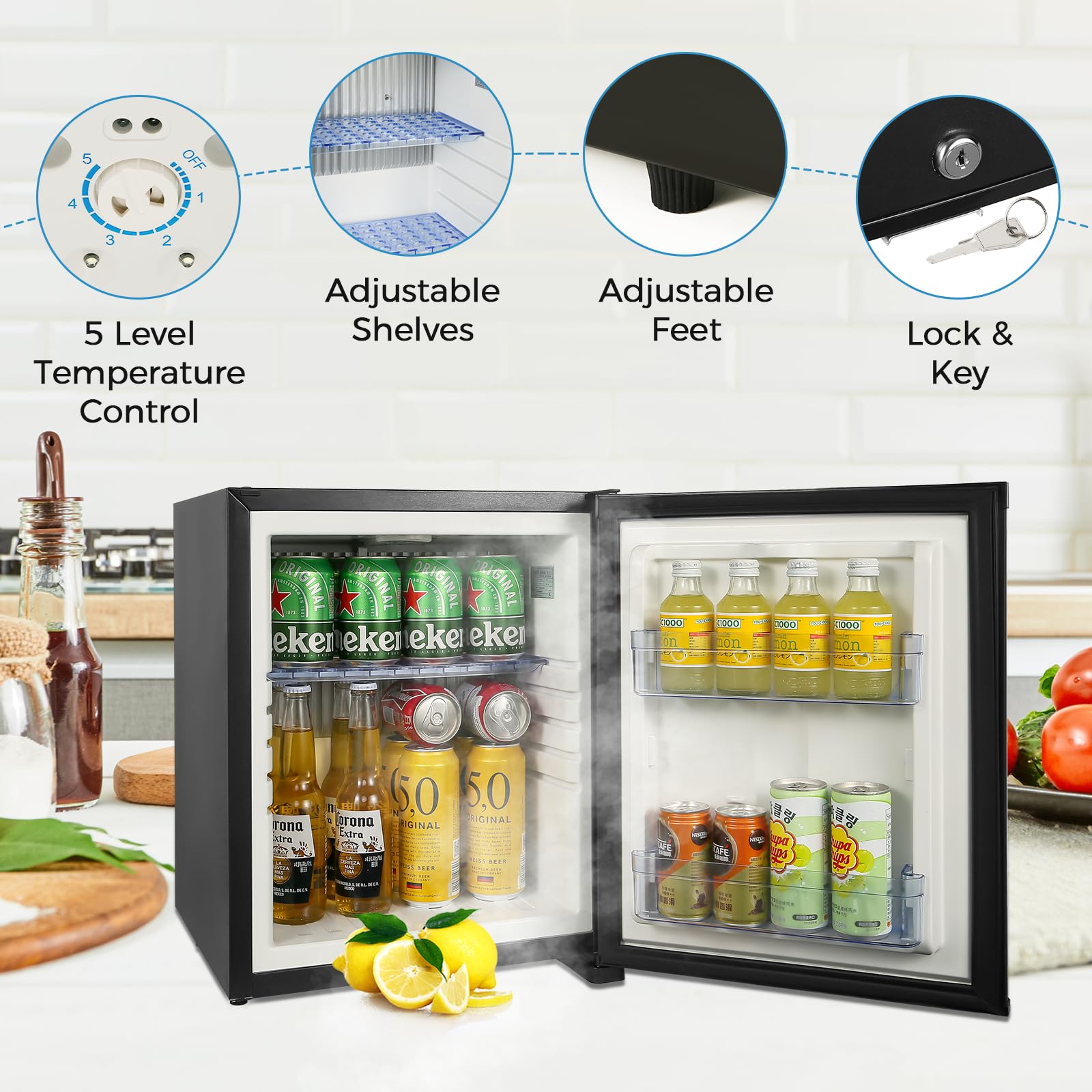 HIPOPLLER Compact Refrigerator, 1.07 cu.ft 110V Quiet Mini Fridge, Reversible Door with Lock, Energy Efficient Beverage Cooler for Bedroom Dorm RV Hotel Office, Black