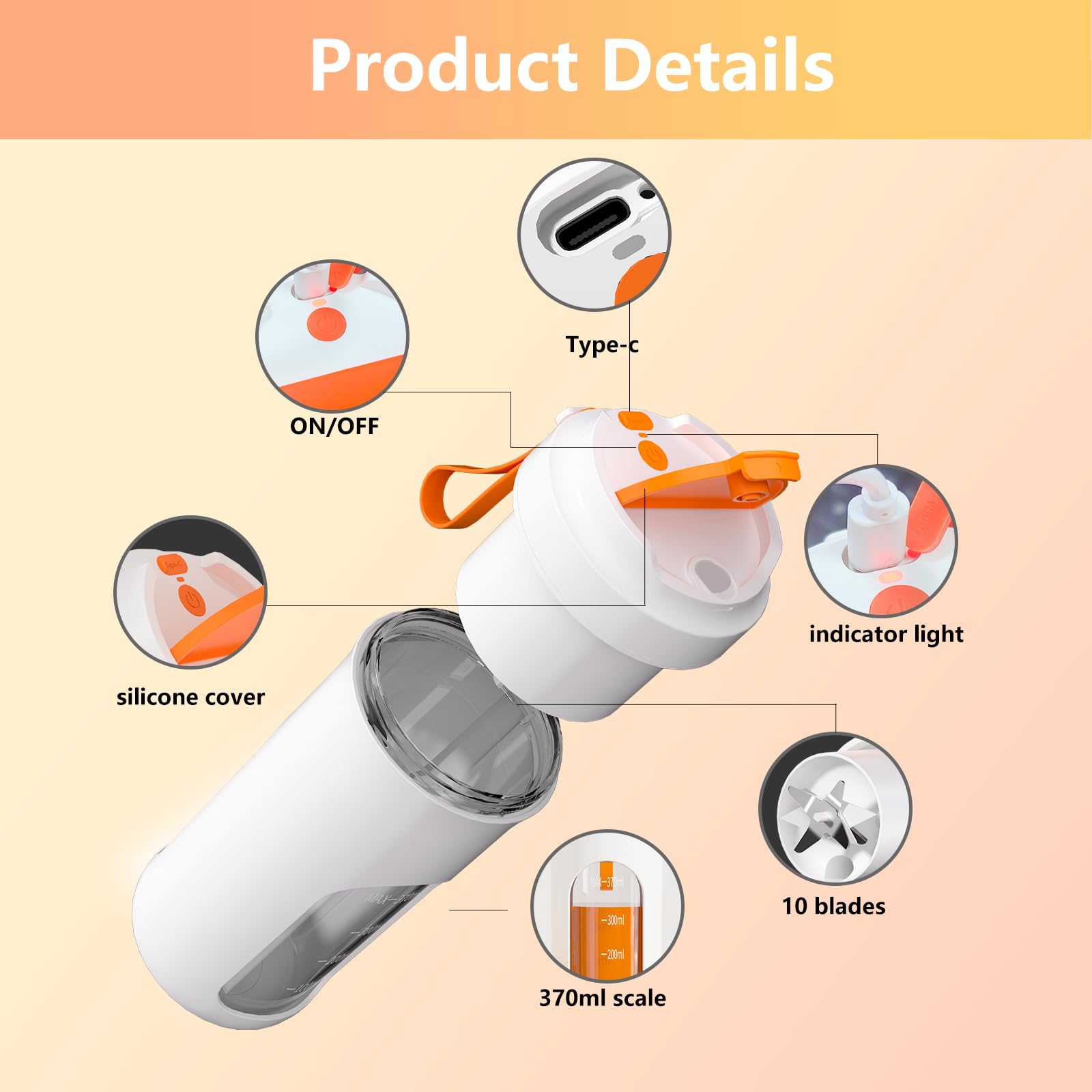 YIKHOM Smoothie Blender, Portable Blender for Shakes And Smoothies with Crushed Ice,10 Blades 12oz Automatic Power-Off Personal Small Mini Juice Blender Cup with 3 Drinking Modes, White