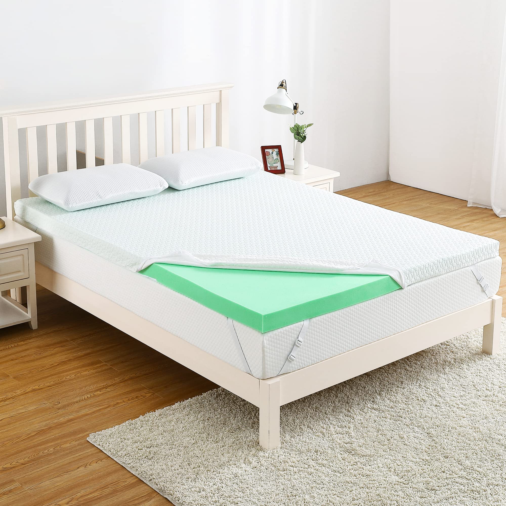 Mattress Topper Full, Homhougo 2 Inch Green Tea Memory Foam Mattress Topper with Zippered Bamboo Cover, Cloud-Like Soft