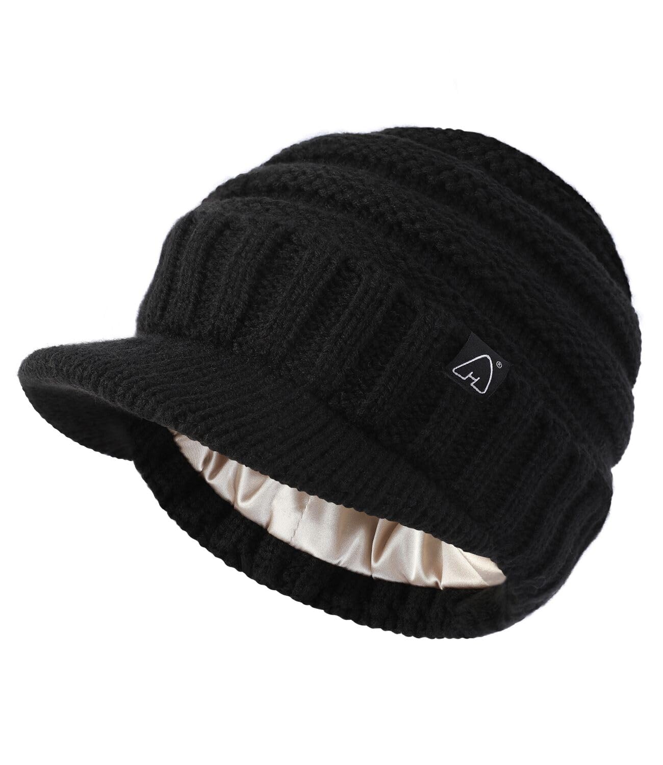 Hat Hut Beanie Hat for Women Men Satin Lined Beanie for Women Satin Lined Winter Hat Slouchy hat with Visor Brim (Black)