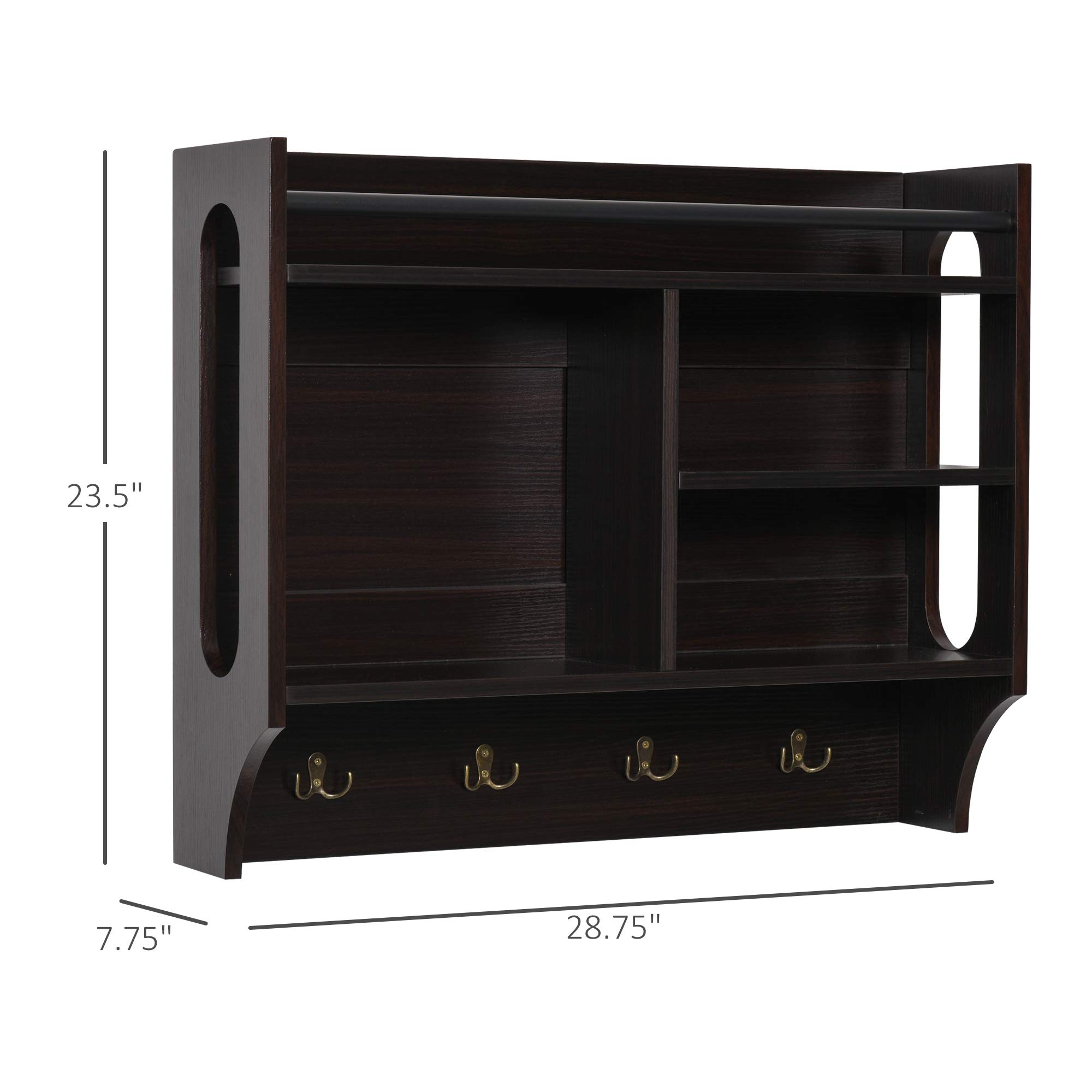 HOMCOM Wall-Mounted Floating Storage Shelf with 4 Storage Units and 4 Dual Hooks, Espresso