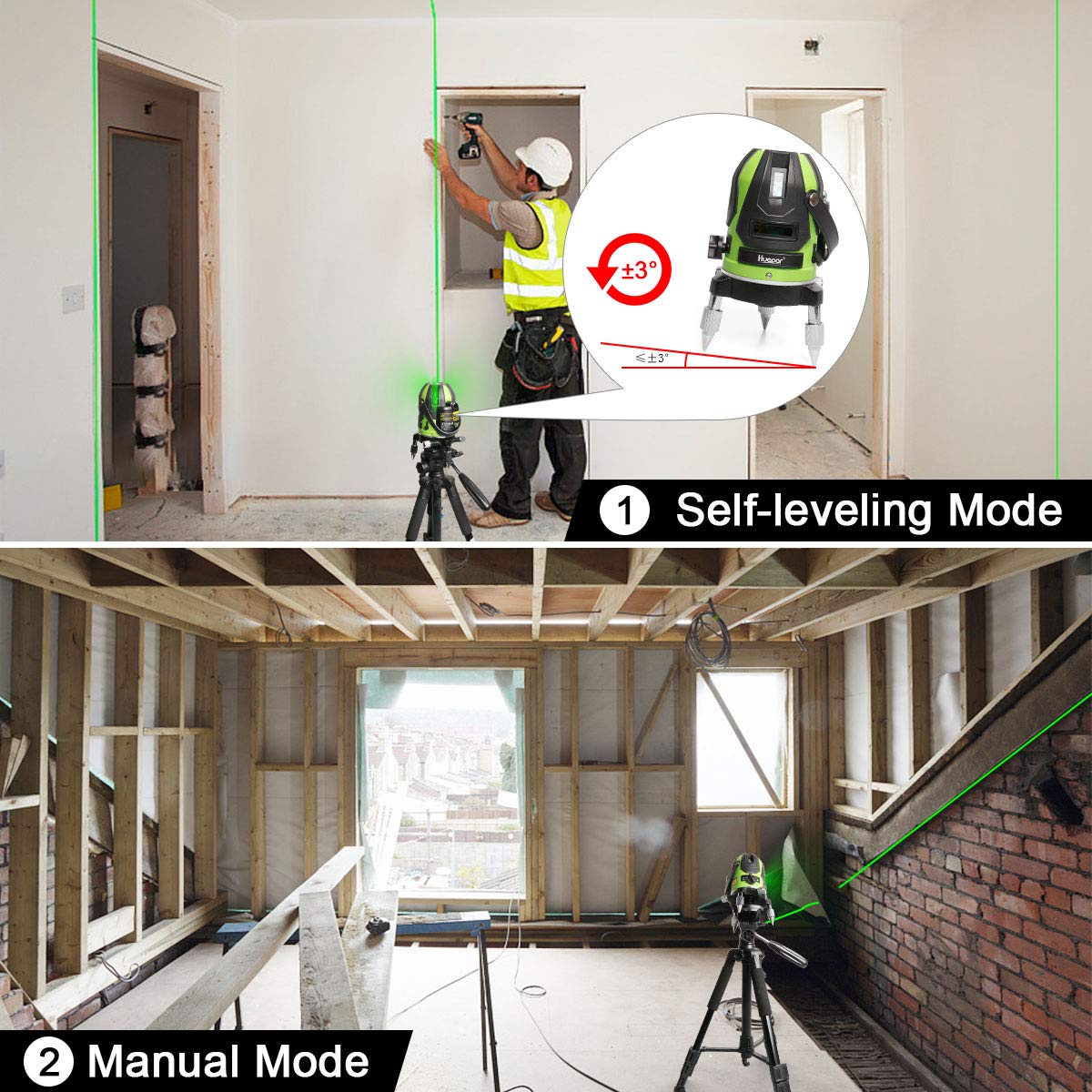 Huepar Green Beam Multi - Line Laser Level -Four Vertical and One Horizontal Lines with Down Plumb Dot -Alignment Self-leveling Laser Tool -360° Rotating Base, Hard Carrying Case Included 6141G