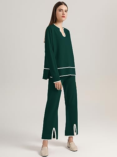 SuperPrity 2 Piece Sweater Sets for Women Winter Wide Leg Pants Knit Outfits Set Comfy Long Sleeve Lounge Wear Sweatsuit Set-L,Dark Green