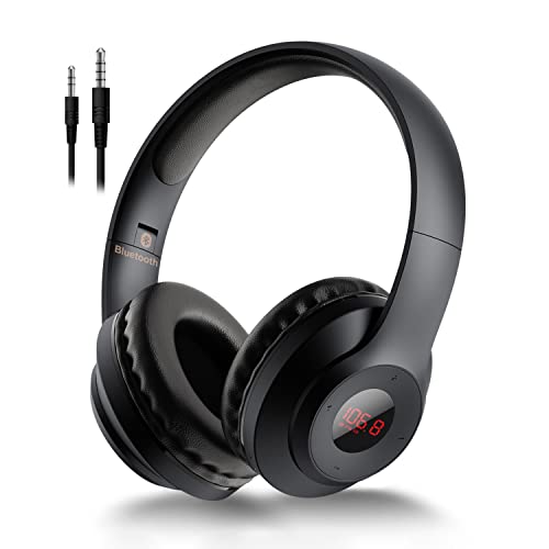 X5 Wireless FM Radio Headphones with Bluetooth, Built in Microphone, Rechargeable and Portable Radio Headset, Over Ear Headphone with Soft Ear Muffs, Stereo Sound, for Jogging, Cycling, Mowing