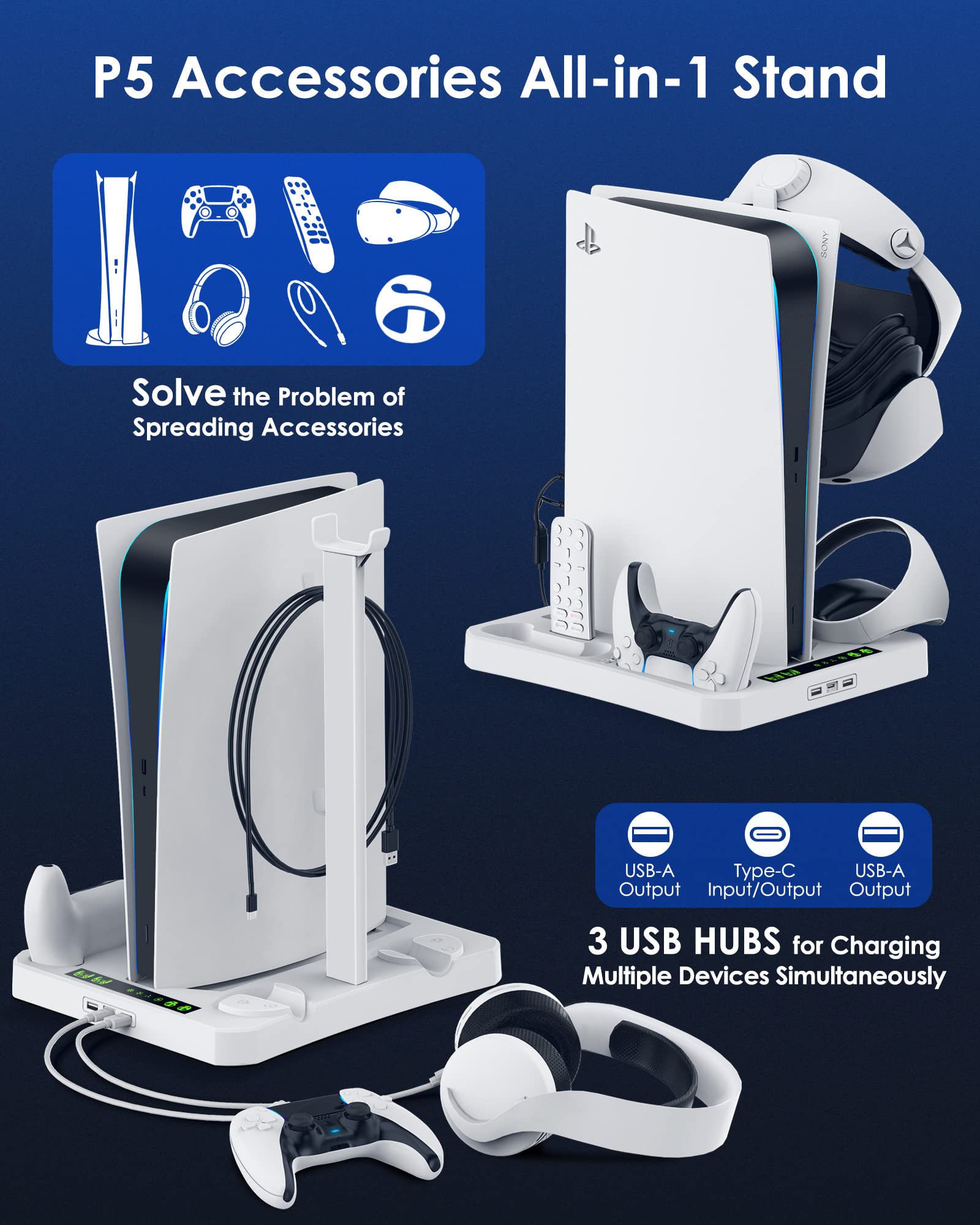 HAPAW PS-5 Cooling Stand & PSVR2 Charging Station, Metal Stand Base, 3-in-1 Storage, Wireless Charging for 4 Controllers, LED Indicators, Compatible with Disc & Digital Editions