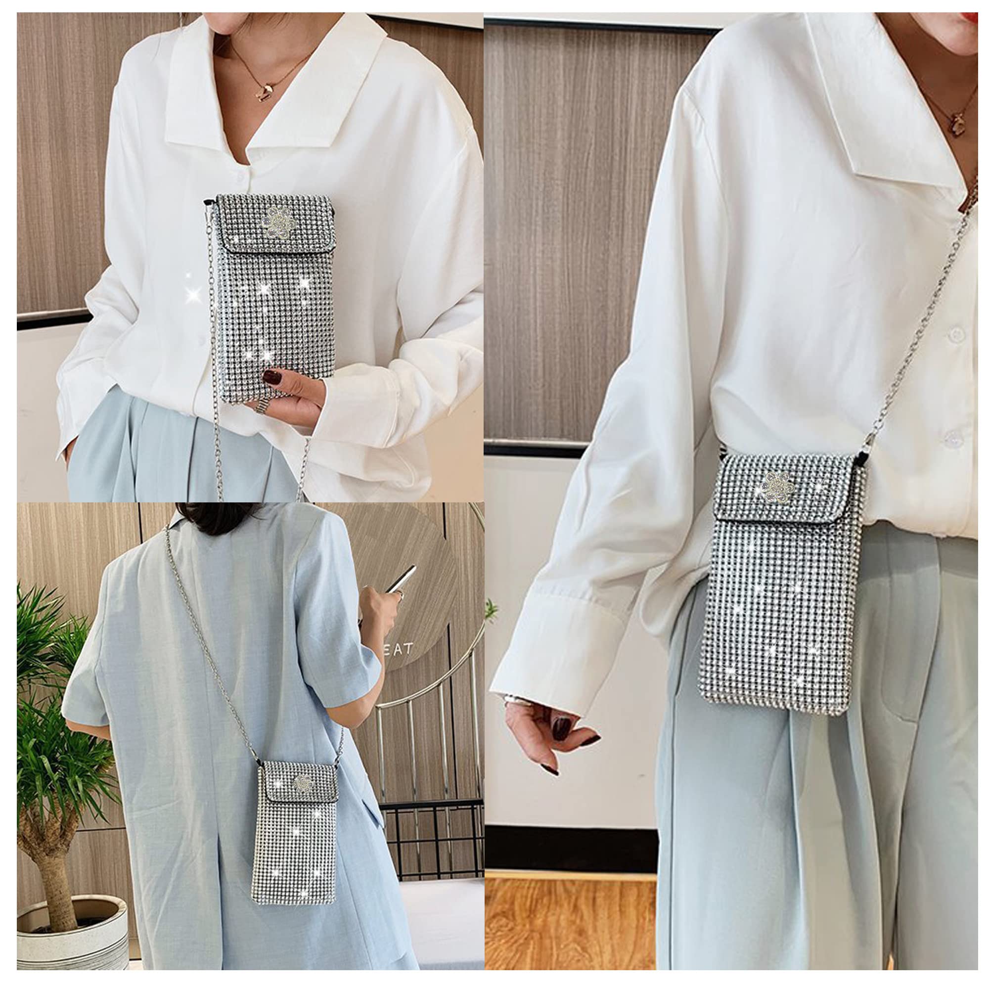 HoHeMoYi Bling Crossbody Purse Rhinestone Evening Handbags Clutch Cell Phone Wallet (Silver)