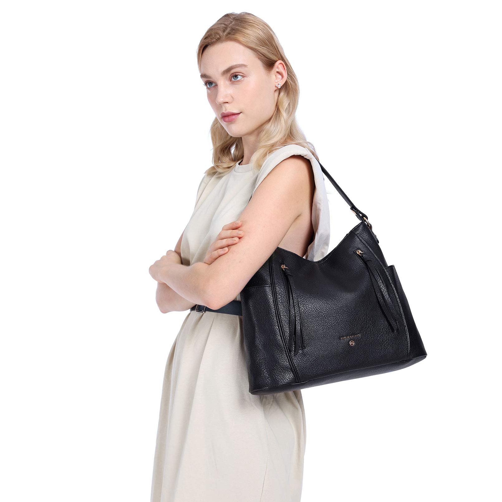 Hobo Purse for Women Leather Crossbody Shoulder Bags Large Tote Bag (BLACK)