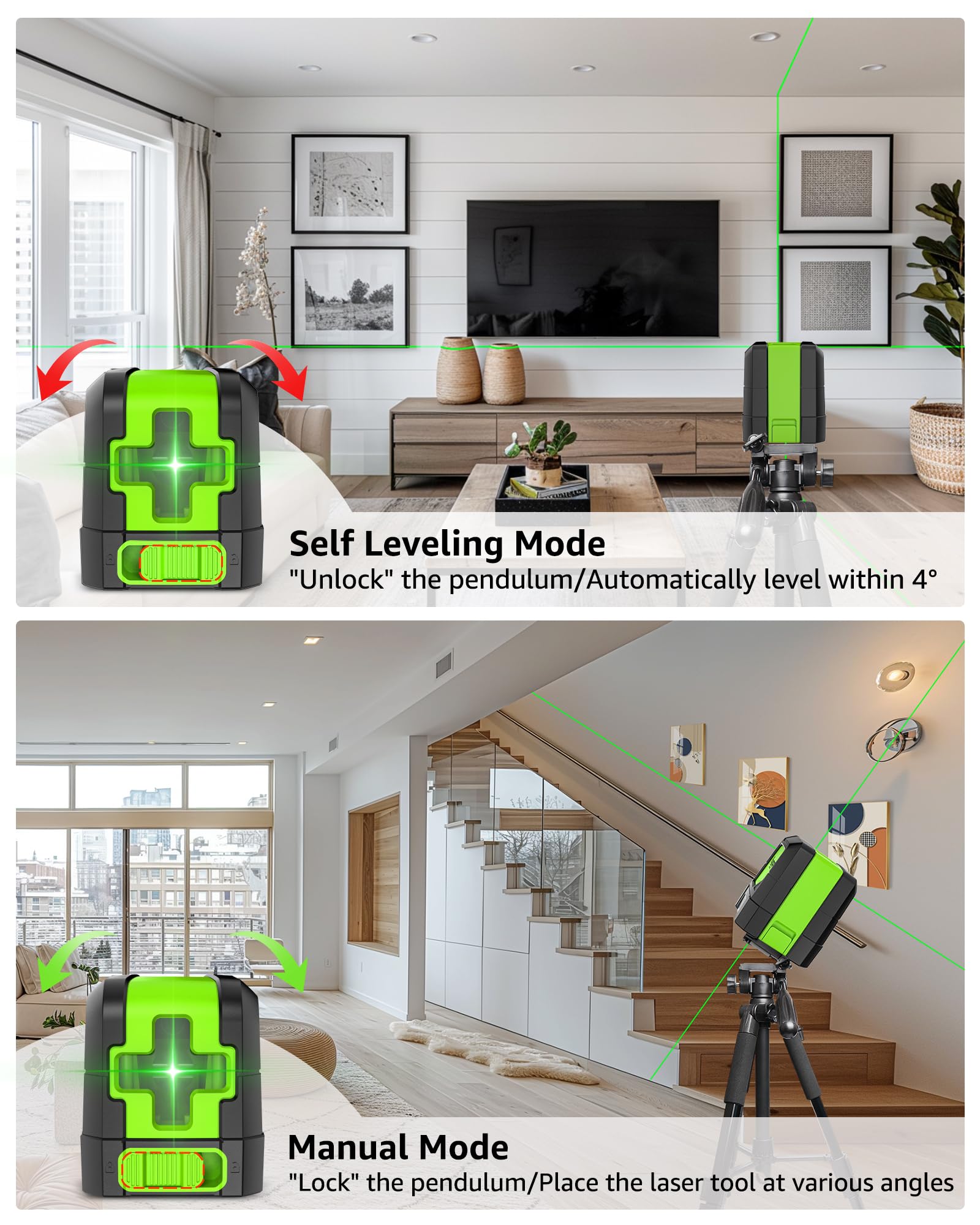 HUEPAR Laser Level Self-Leveling - 100 feet DIY Bright Green Cross Line Laser Leveler for Picture Hanging, Tile, Decoratio and Construction Indoor Project, 360° Magnetic Base & Battery Included