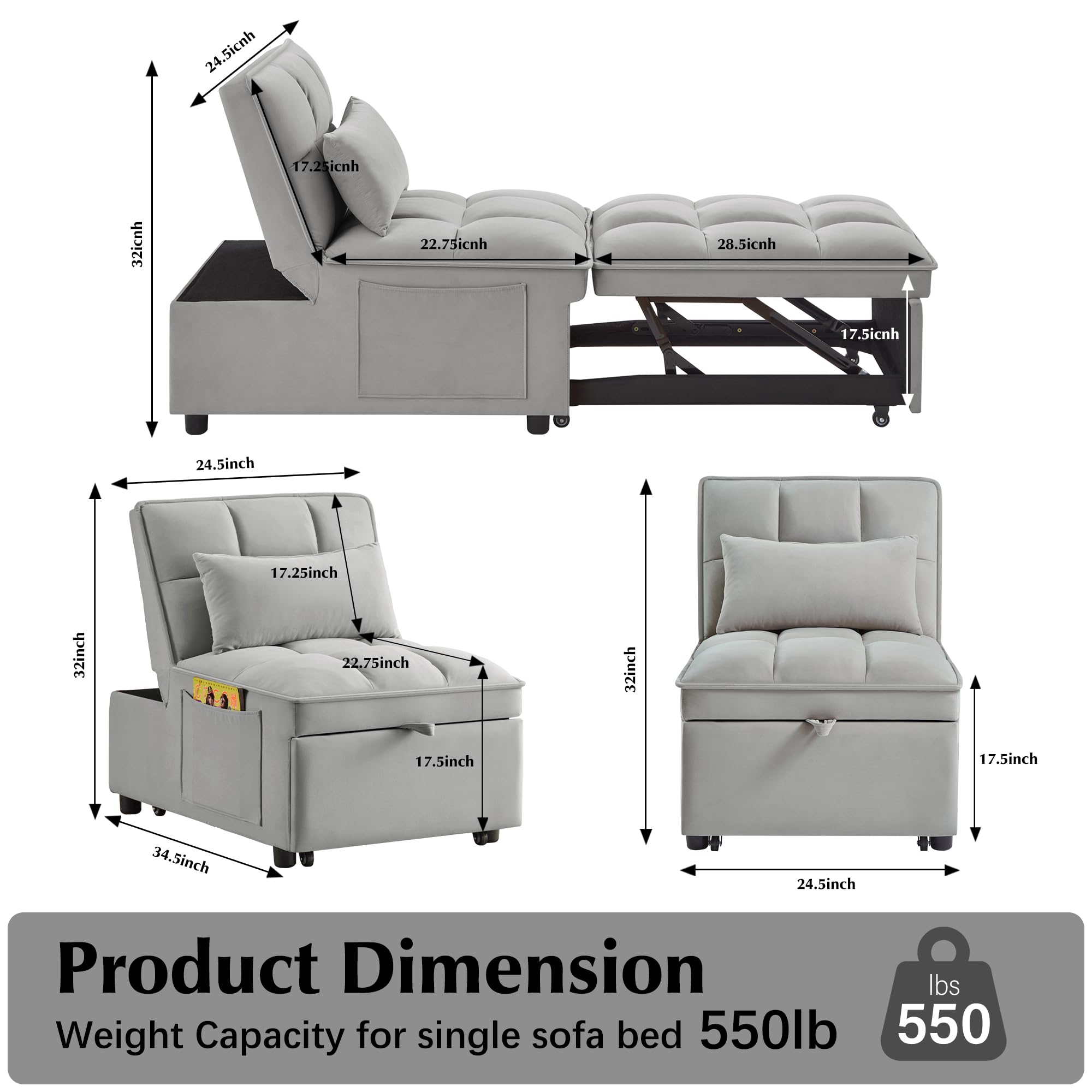 SPOWAY 3 in 1 Sleeper Sofa Couch Bed, Velvet Convertible Single Sleeper Sofa with 3 Level Adjustable Backrest, Storage Pockets, Toss Pillows, Pull Out Single Sleeper for Living Room, Gray