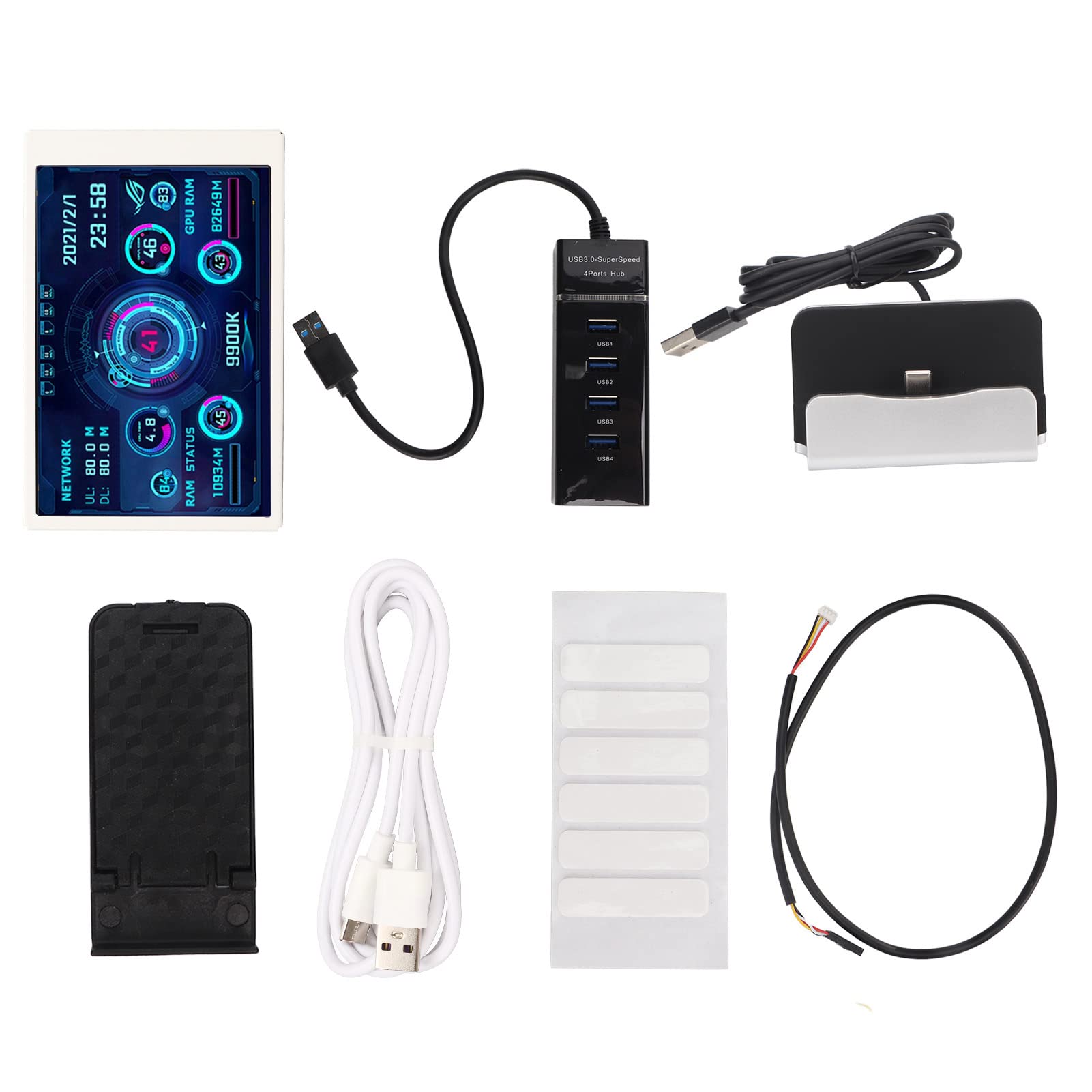 Qinlorgo Computer Temp Monitor, IPS Display Rotatable Dimmable Auto Off 3.5in PC Temperature Display for Home (White Set)
