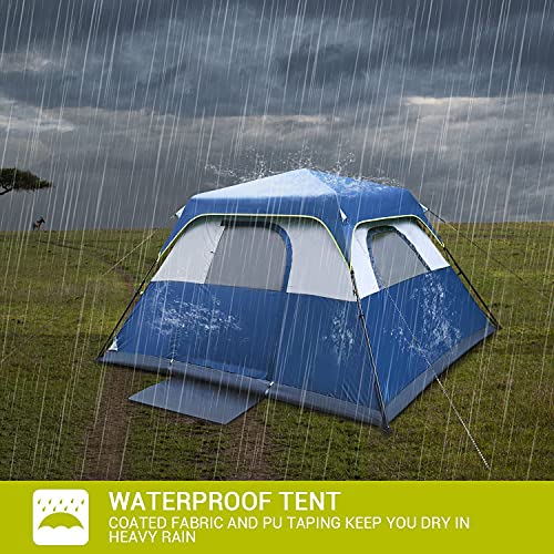 Hitwby Tents, 6 Person 60 Seconds Set Up Camping Tent, Waterproof Pop Up Tent with Top Rainfly, Instant Cabin Tent, Advanced Venting Design, Provide Gate Mat Blue