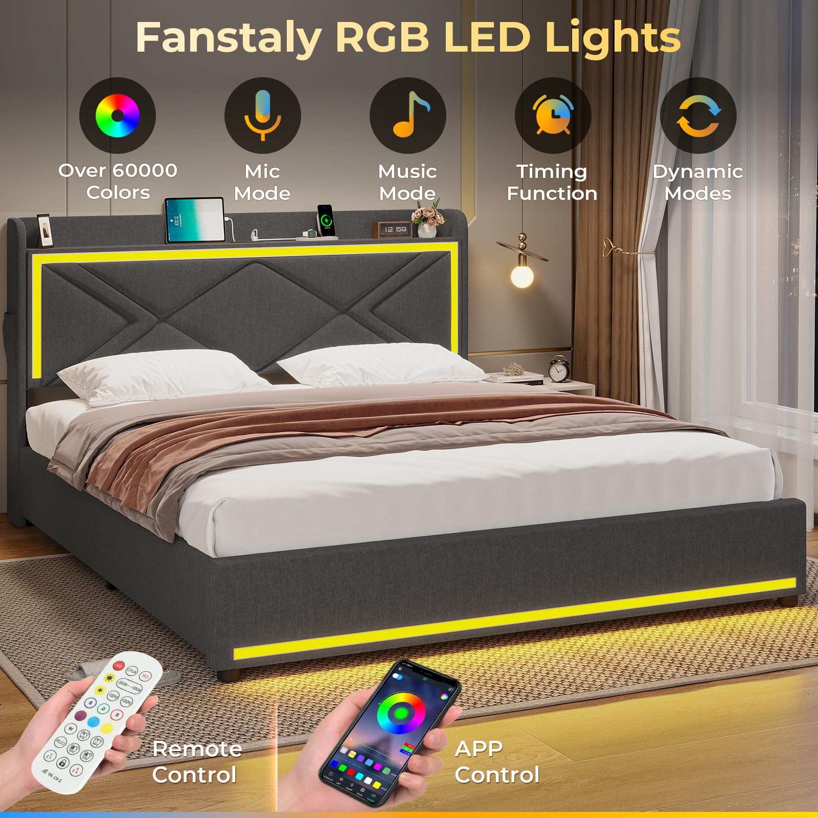 HAUOMS Queen Bed Frame with Stoarge Drawers and LED Lights, Upholstered Platform Bed with Type-C & USB Charging Station, LED Bed Frame Queen with Storage Headboard, No Box Spring Needed, Dark Grey