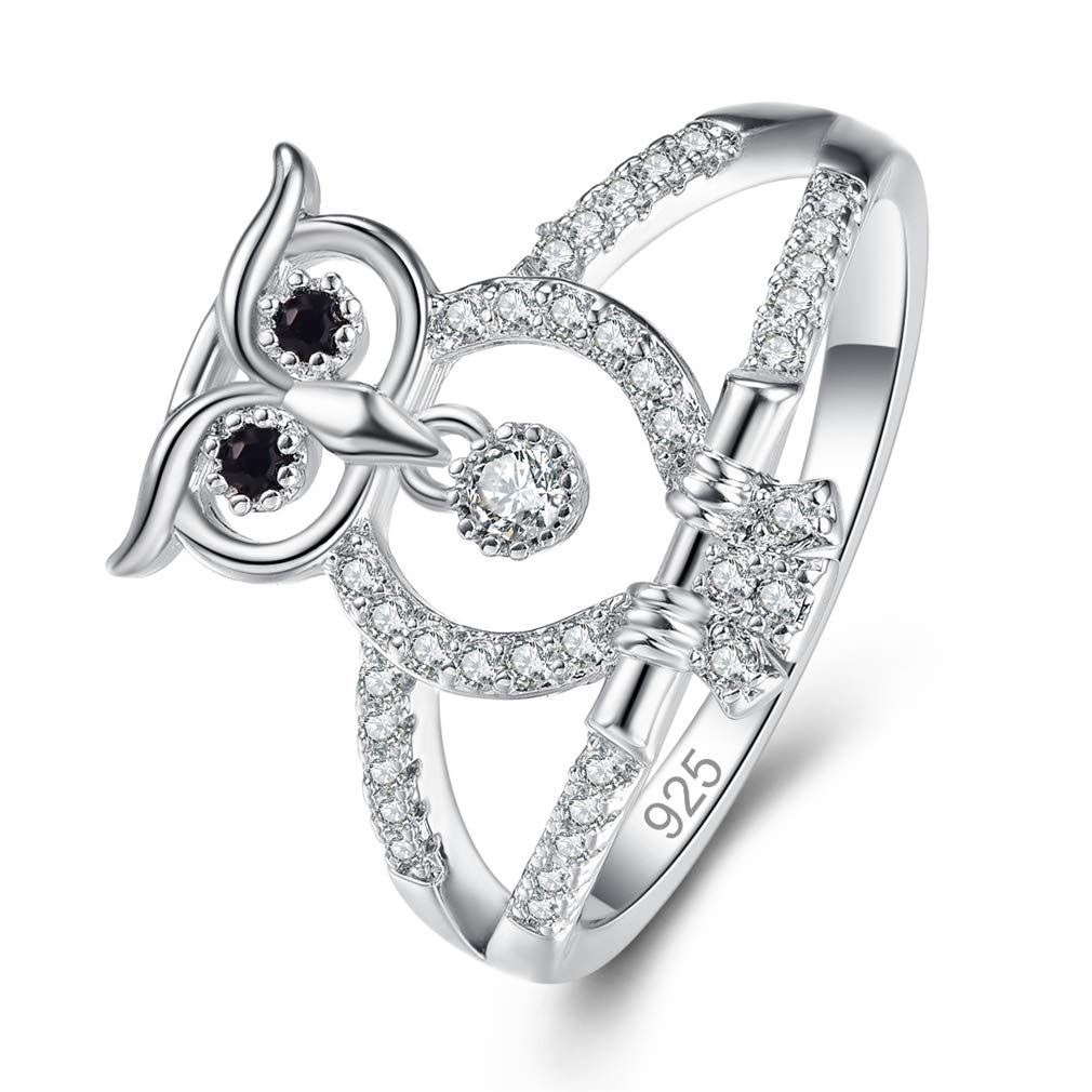 Honghu Owl Shape Black Spinel Women 925 Sterling Silver Ring Round Cut Engagement Statement Black #8