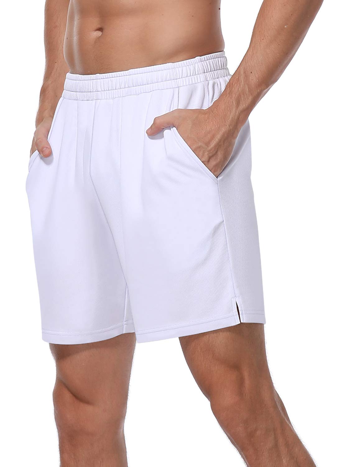 HISKYWIN Men's 7" Quick-Dry Running Shorts Workout Jogging Mesh Shorts with Pockets Zip F605-White-M