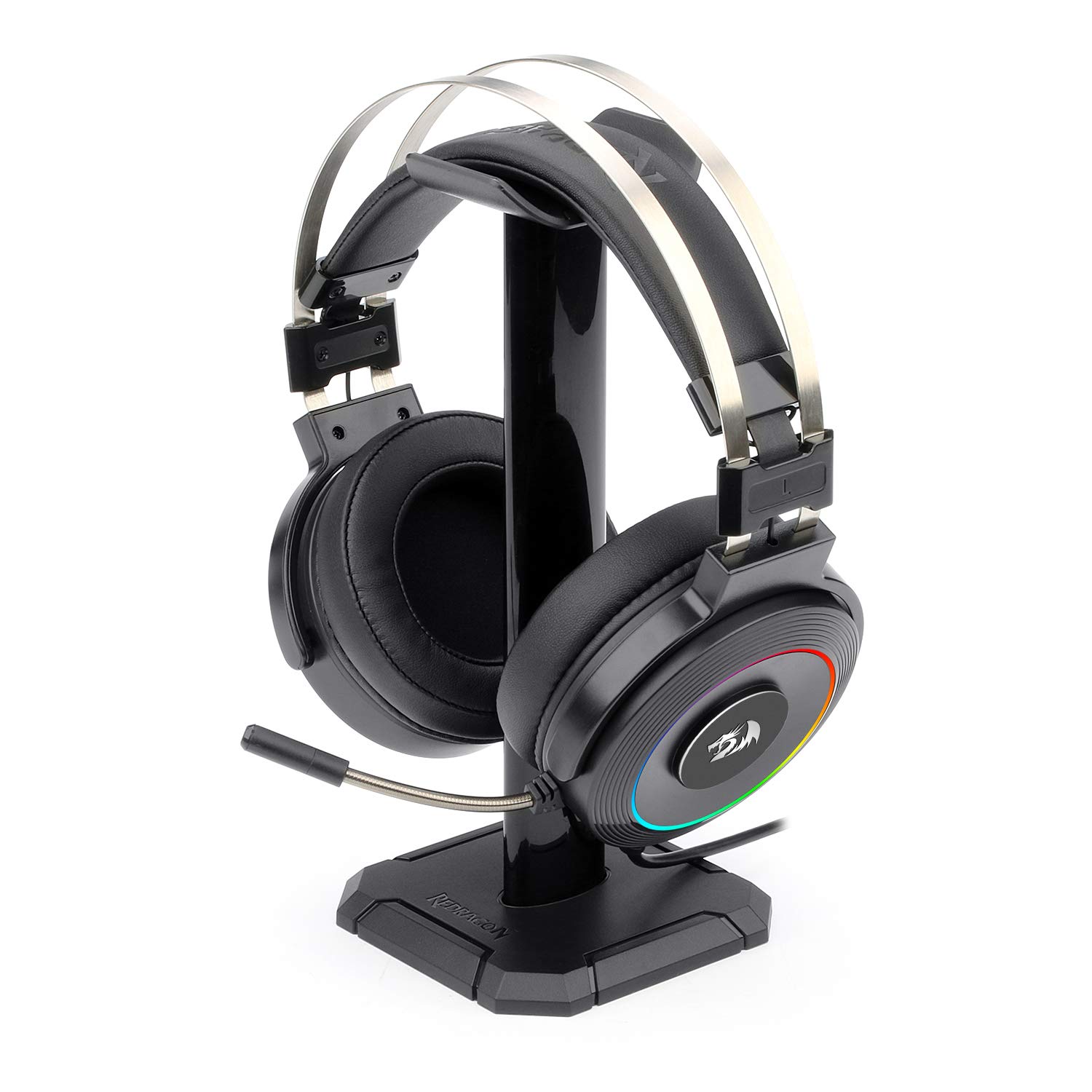 HUO JI Lamia Gaming Headset with 7.1 Surround Sound, Volume Control, Noise Cancelling, RGB Light, Stand, Over Ear Wired Headphone, with Mic for PC, PS4, Black