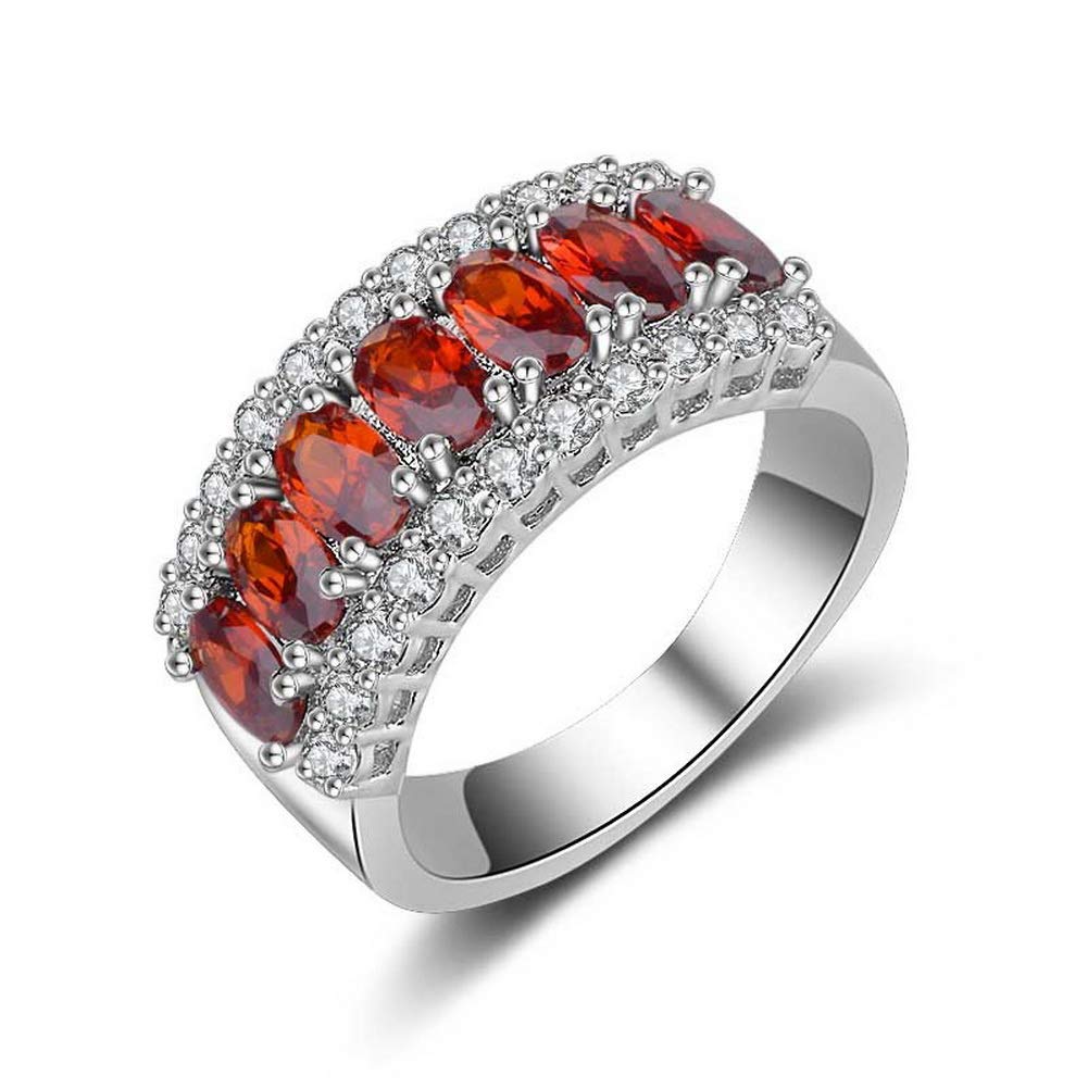 Honghu Platinum Plated Ring Garnet Rhinestone Oval Engagement Band Wedding Vintage Eternity Bridal Jewelry