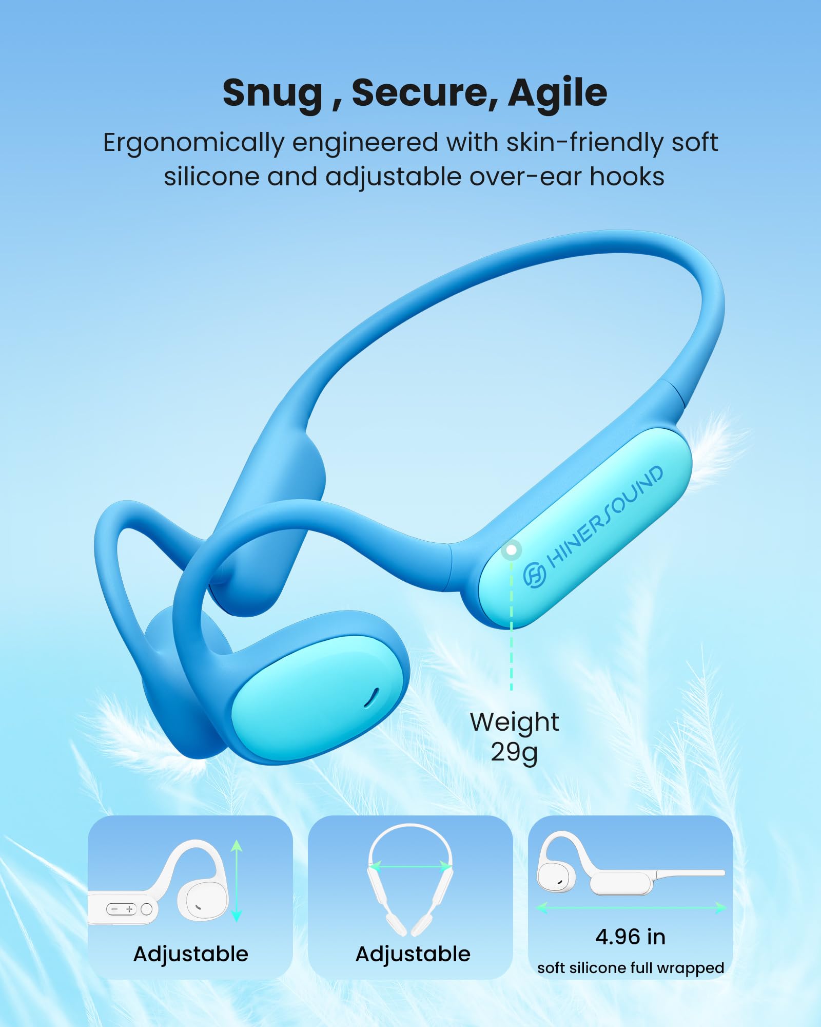 Hinersound Kids Bluetooth Headphones Open Ear Air Conduction,70/85/94dB Volume Control Ultra-Light Wireless Sport Kids Earbuds for Children Travel/Running/Cycling