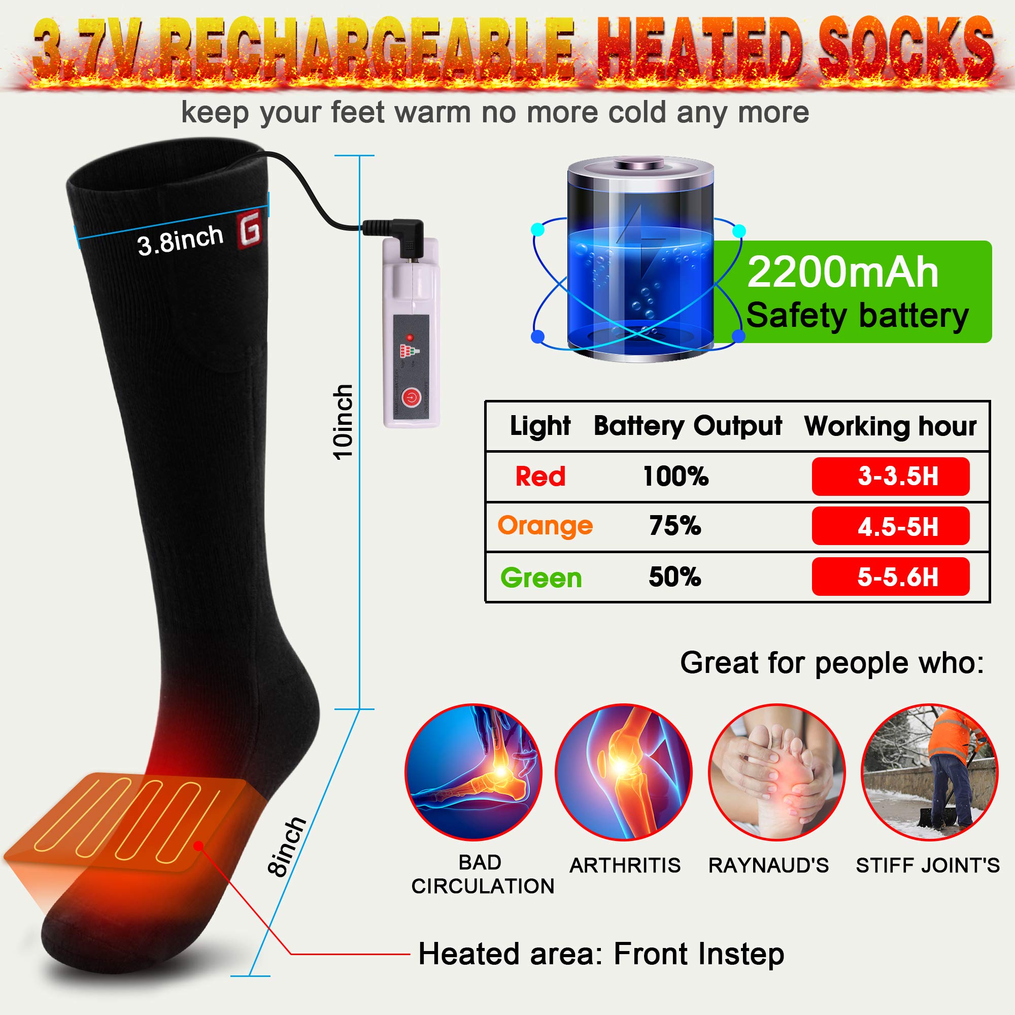 Heated Socks for Men Woman Elecrtic Socks 3 Heating Settings for Hunting Hiking Camping Fishing Rechargeable Battery Socks