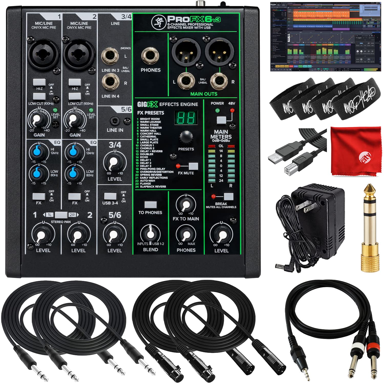 Mackie ProFX6v3 6-Channel Unpowered Built-In FX Mixer USB Bundle with Waveform OEM DAW, 2x Mophead 10-Foot TRS Cable, 2x 10-Foot XLR Cable, 1/4" to 3.5mm TS Cable, 4x Cable Ties and Microfiber Cloth