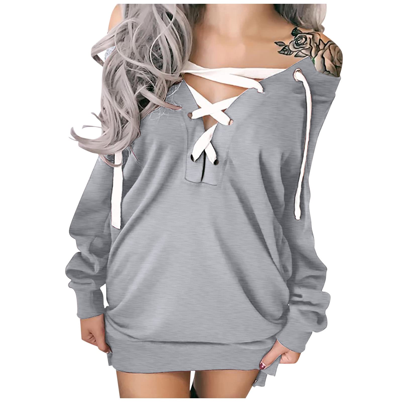Keepfit Women's Lace Up V-Neck Sweatshirt Dress Raglan Long Sleeve Spring Fall Drawstring Solid Mini Dress Gray