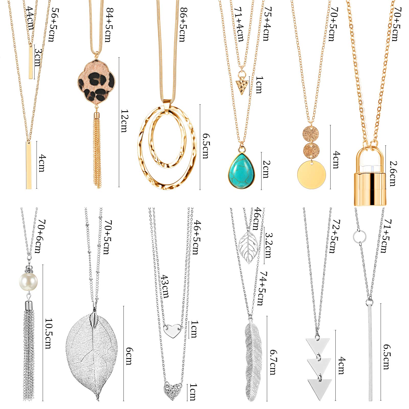 Hicarer 12 Pieces Long Pendant Necklace Y Tassel Leaf Necklace Set Assorted Layer Pendants for Women (Chic Style)